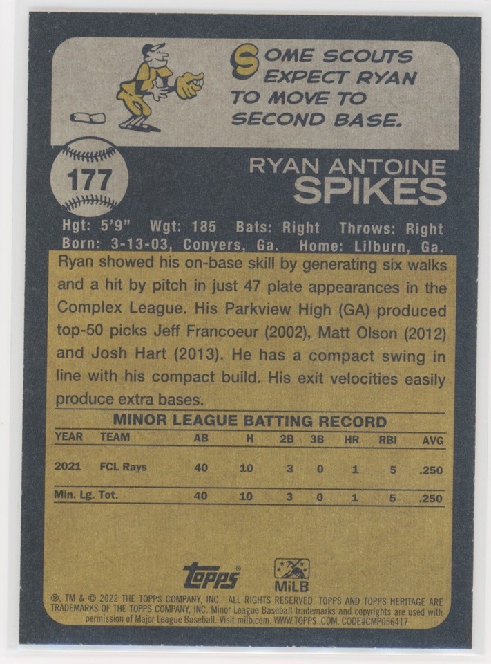 RYAN SPIKES 2022 TOPPS HERITAGE MINORS PROSPECT #177 RC | eBay