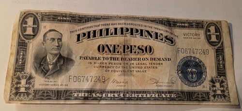 old currency note PHILIPPINES silver WWII Victory peso, series#66 ...