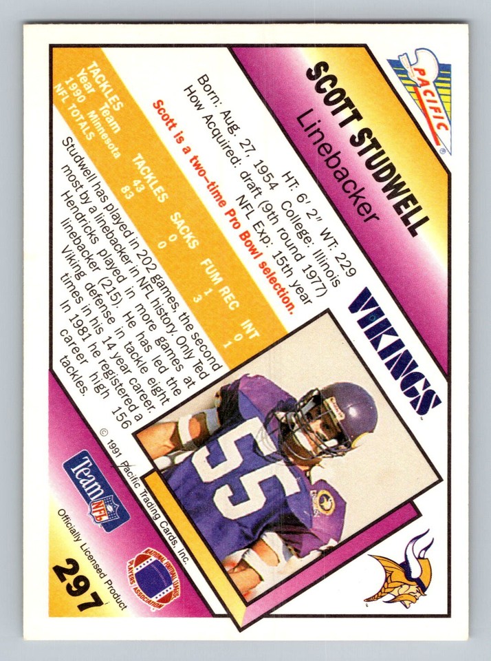 Scott Studwell 1991 Pacific #297 Minnesota Vikings | eBay