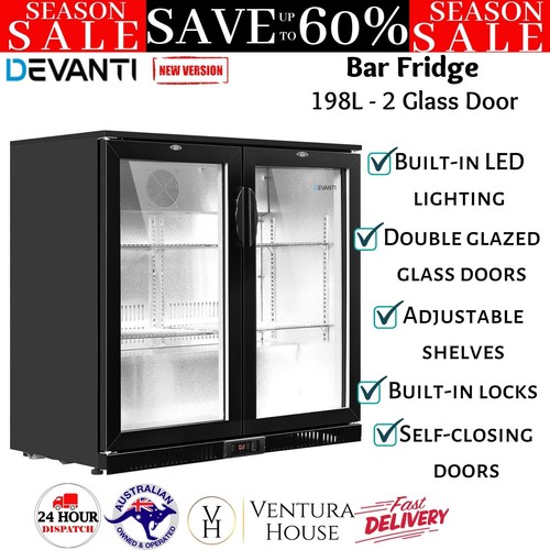 Devanti Bar Fridge 2 Glass Door Mini Refrigerator Wine Cooler Freezer ...