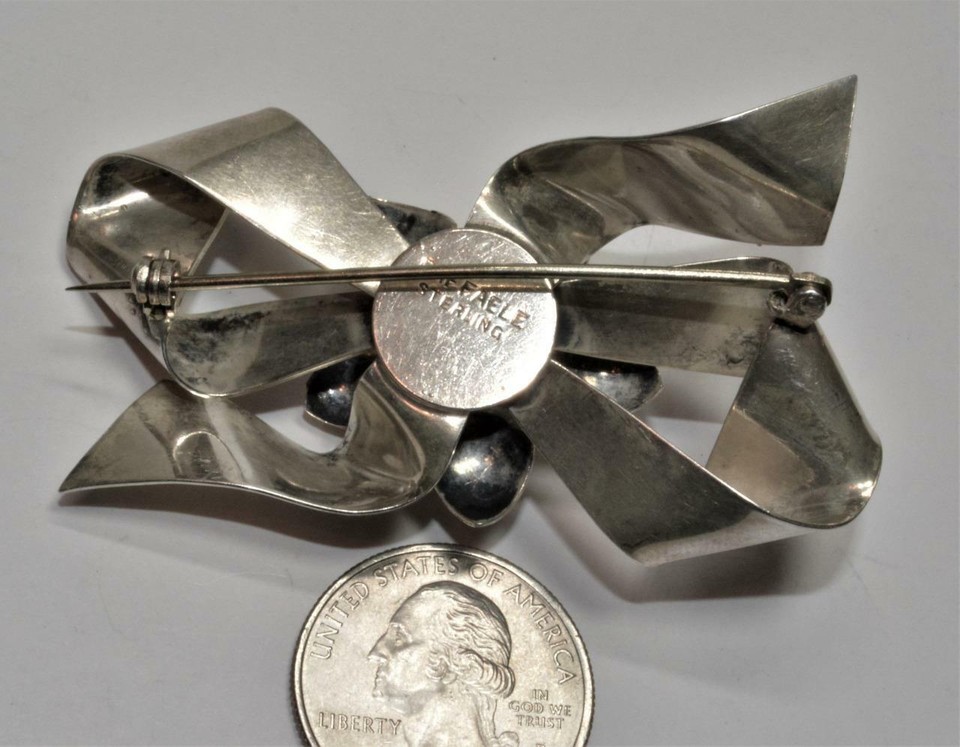 Stamped RAFFAELE Sterling Silver FLOWER on BOW Shape Pin Brooch 18.62g ...