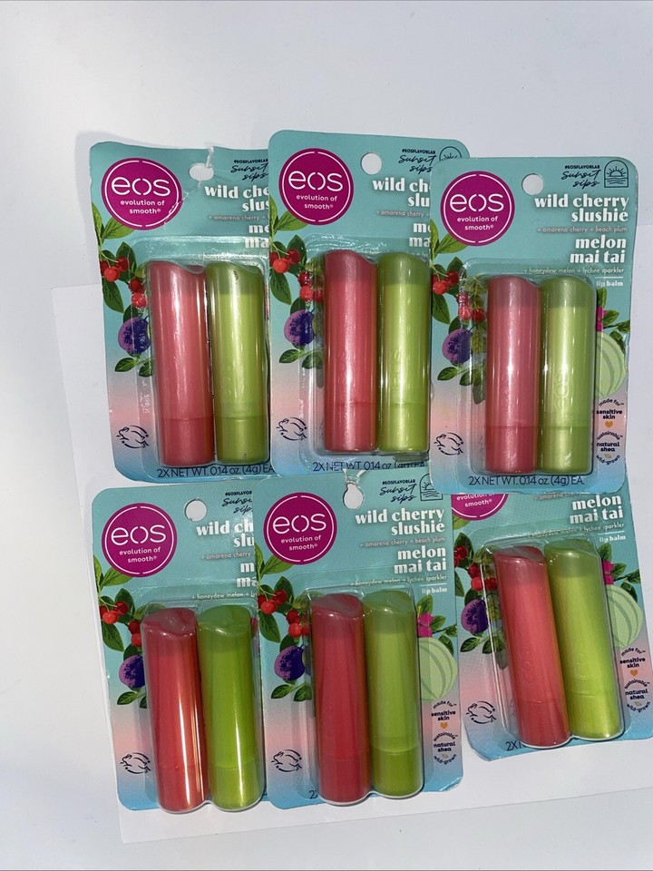 (6)eos Sunset Sips Lip Balms-Melon Mai Tai & Wild Cherry Slushie All ...