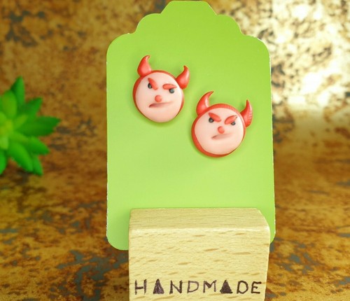 FUN GRUMPY RED DEVILS STUD EARRINGS POLYMER CLAY STEEL/ STERLING SILVER ...