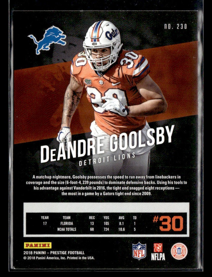 2018 Panini Prestige #230 DeAndre Goolsby Rookie Card Detroit Lions | eBay