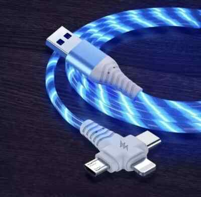 3 in 1 Blue Flowing Glow Cable 12W Charger, USB Type C & Micro USB | eBay