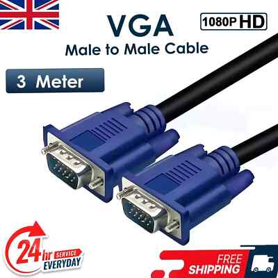 3m VGA Cable SVGA 15 Pin PC Computer Monitor LCD Extension Male to Male ...