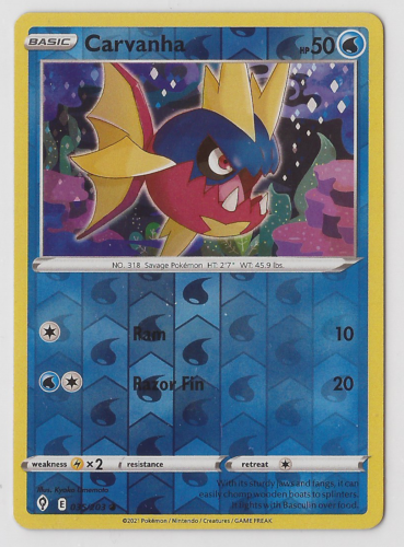 Carvanha Evolving Skies 035/203 Pokemon TCG Card NM/M Reverse Holo ...