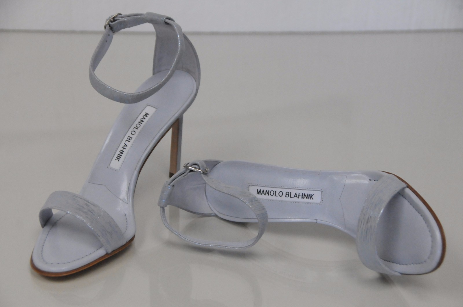 $725 New Manolo Blahnik CHAOS Baby Blue Lazer Grey Sandals Shoes ...