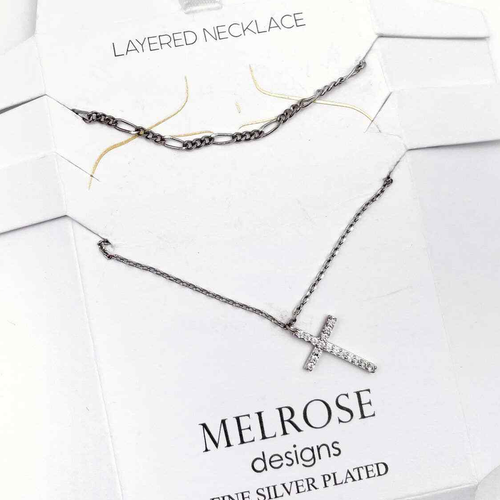 Melrose Design Cross Necklace Silver Plated Layered Cuban Chain Pave | eBay