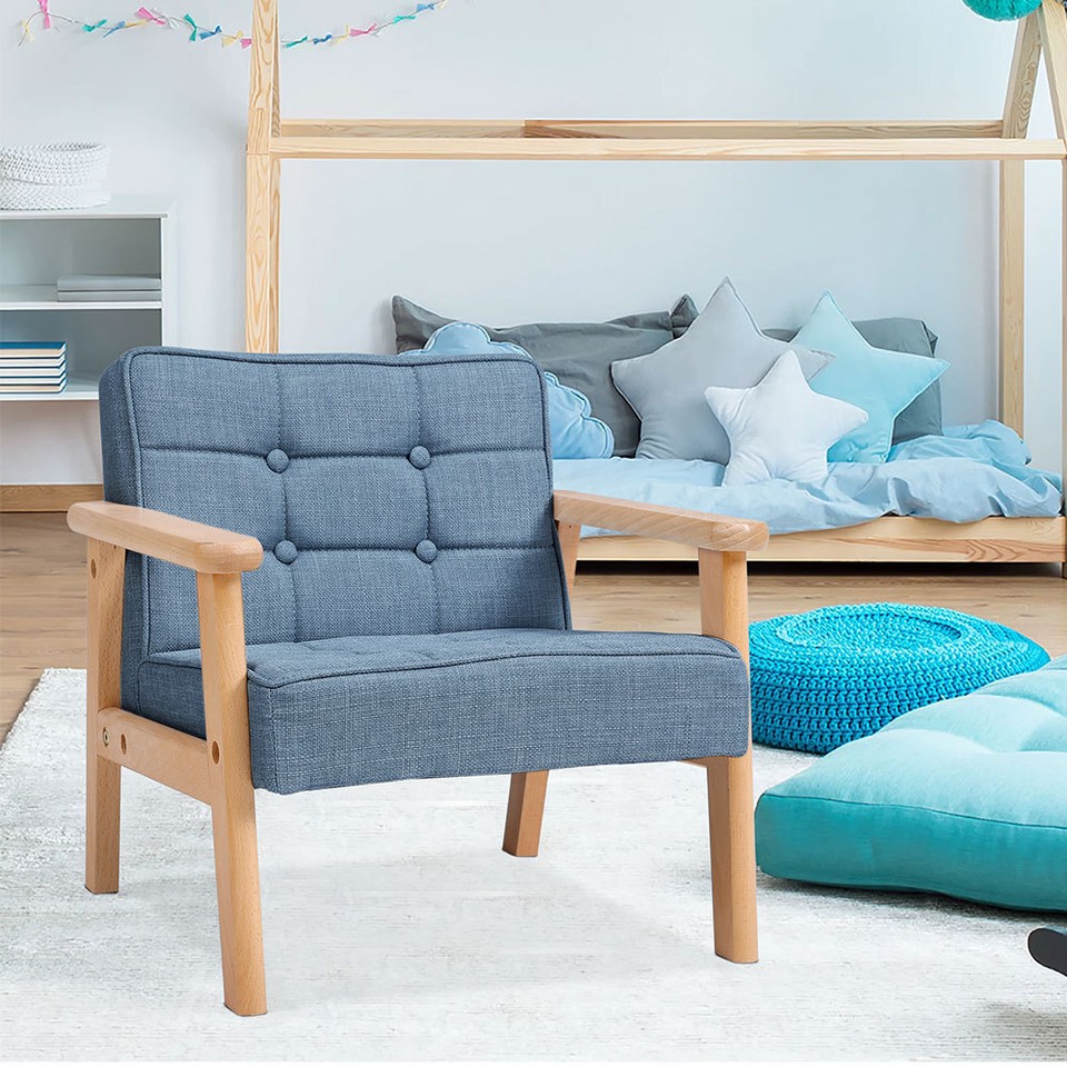 Nordic Wood Frame Linen Fabric Armchair Padded Mini Sofa Chair Children ...