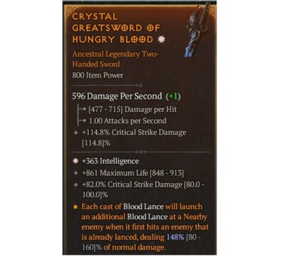 Diablo 4 S7 Crystal Greatsword Of Hungry Blood 1GA Legendary Sword ...