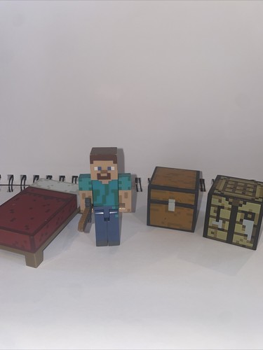 Minecraft Steve Action Figure Plus Sword, Bed, Crafting Table And Chest ...