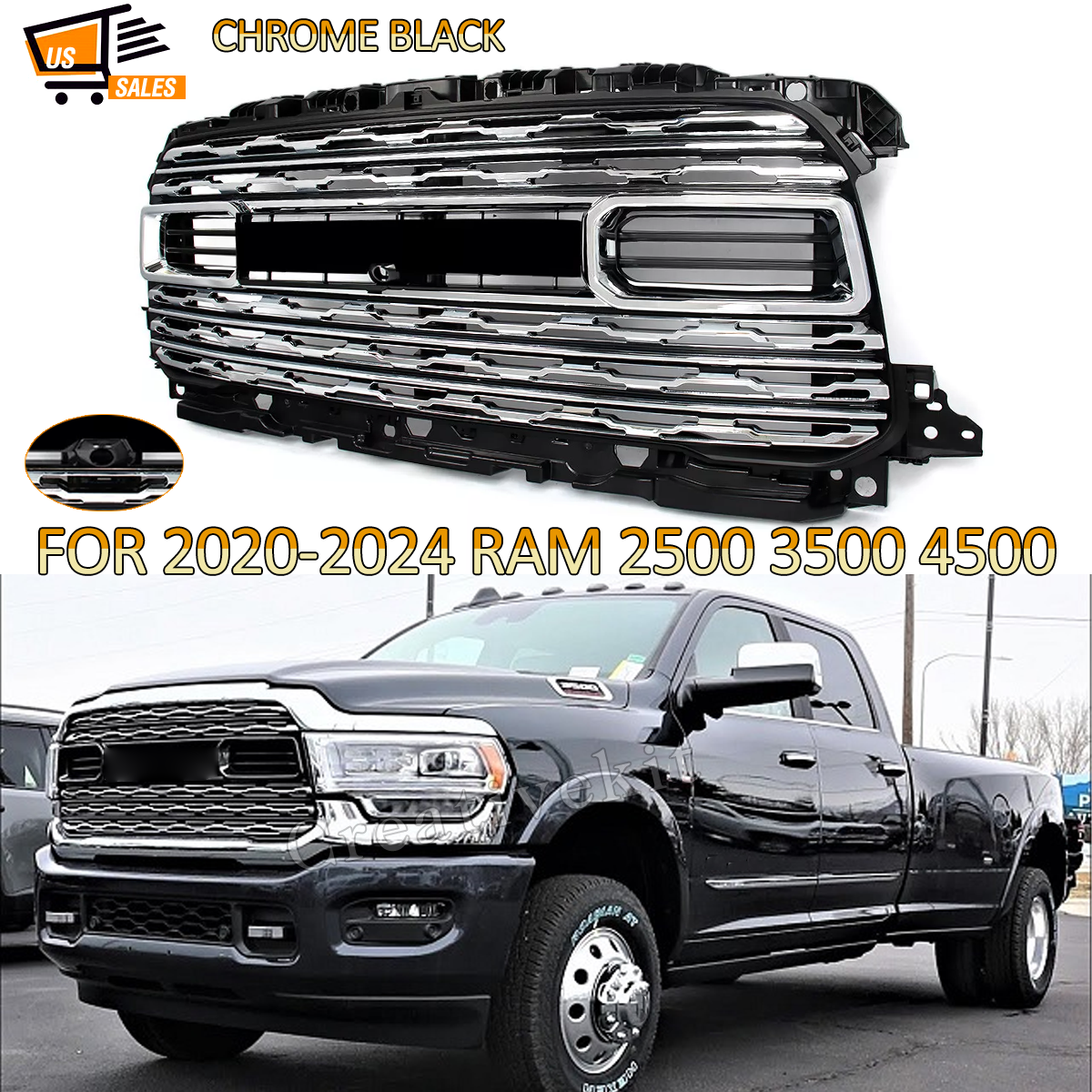 Chrome Black Grille For 2020-2024 RAM 2500 3500 4500 Laramie Big Horn ...