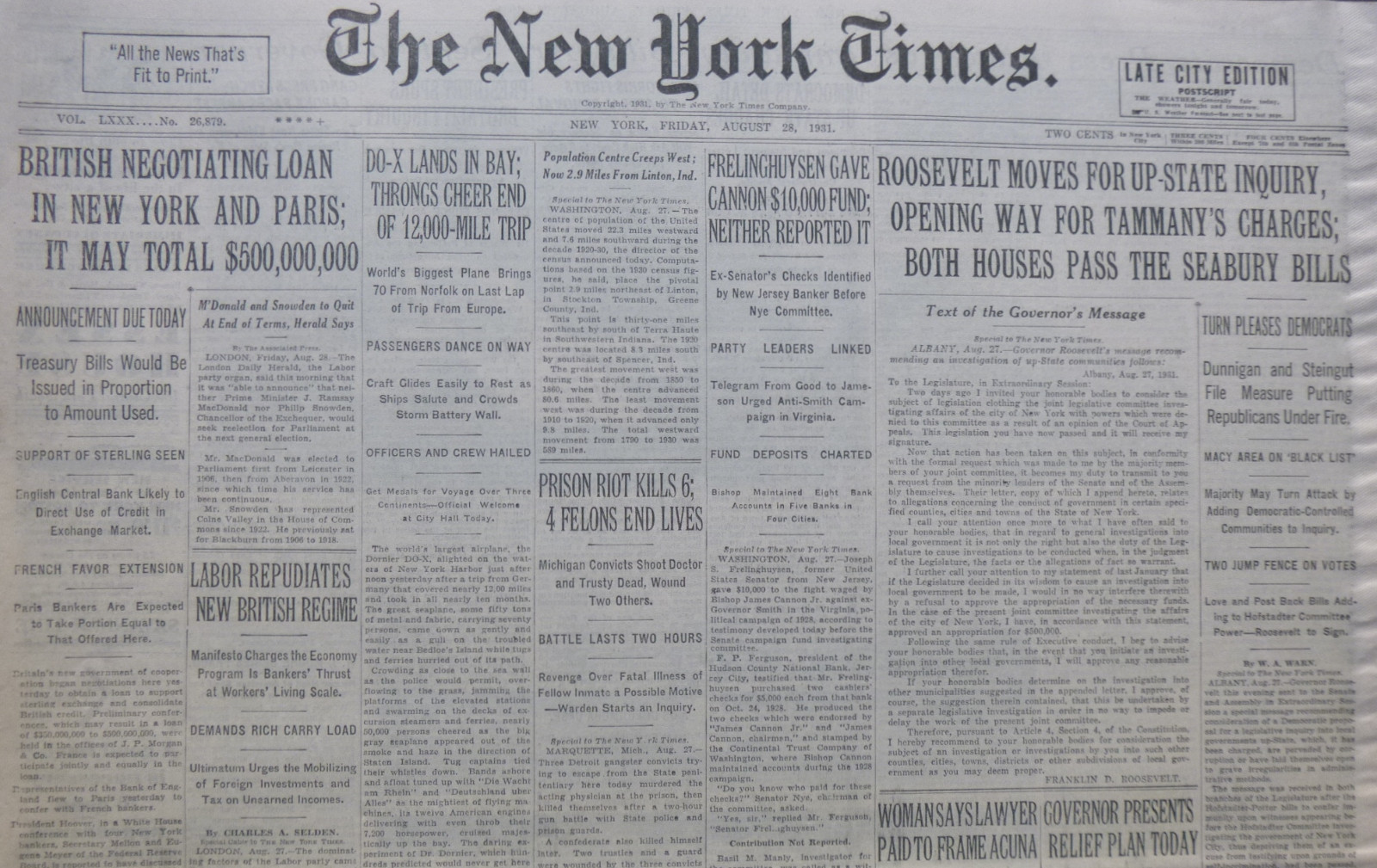8-1931 AUGUST 28 DO-X LANDS IN BAY THRONGS CHEER. PRISON RIOT KILLS 6 ...