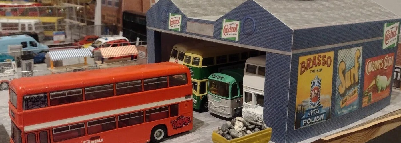 1/76 Oo Scale Bus Garage Blue brick with adverts, build your own | eBay UK