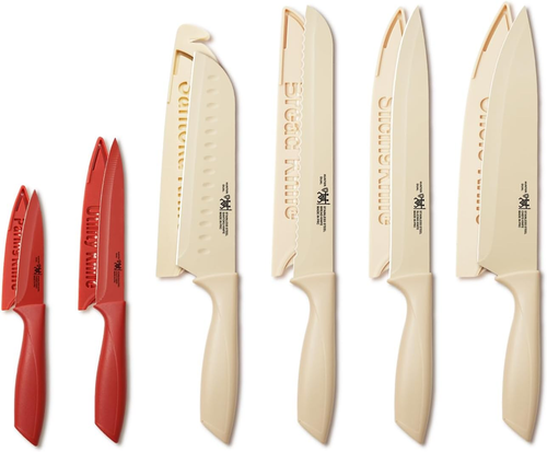 12PC Kitchen Knife Set with Covers Colorful Sharp Cooking Knives Beige ...