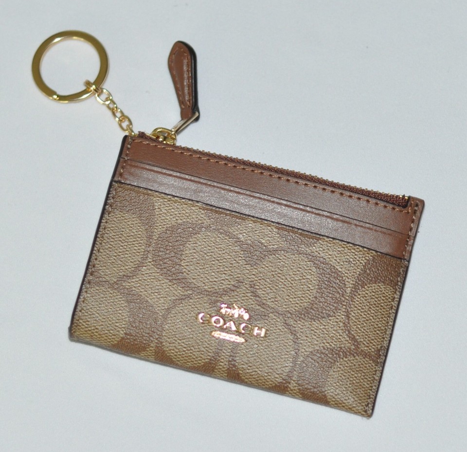 NWT Coach MINI SKINNY ID CASE Gold KEYRING Signature Canvas Khaki ...