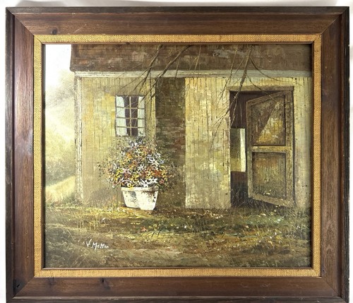 Vintage V. Melton Oil Painting Rustic Barn Scene With Flower Pot Framed ...