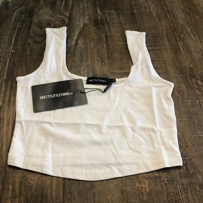 Pretty Little Thing Basic White Cotton Blend Square Neck Crop Vest Size ...
