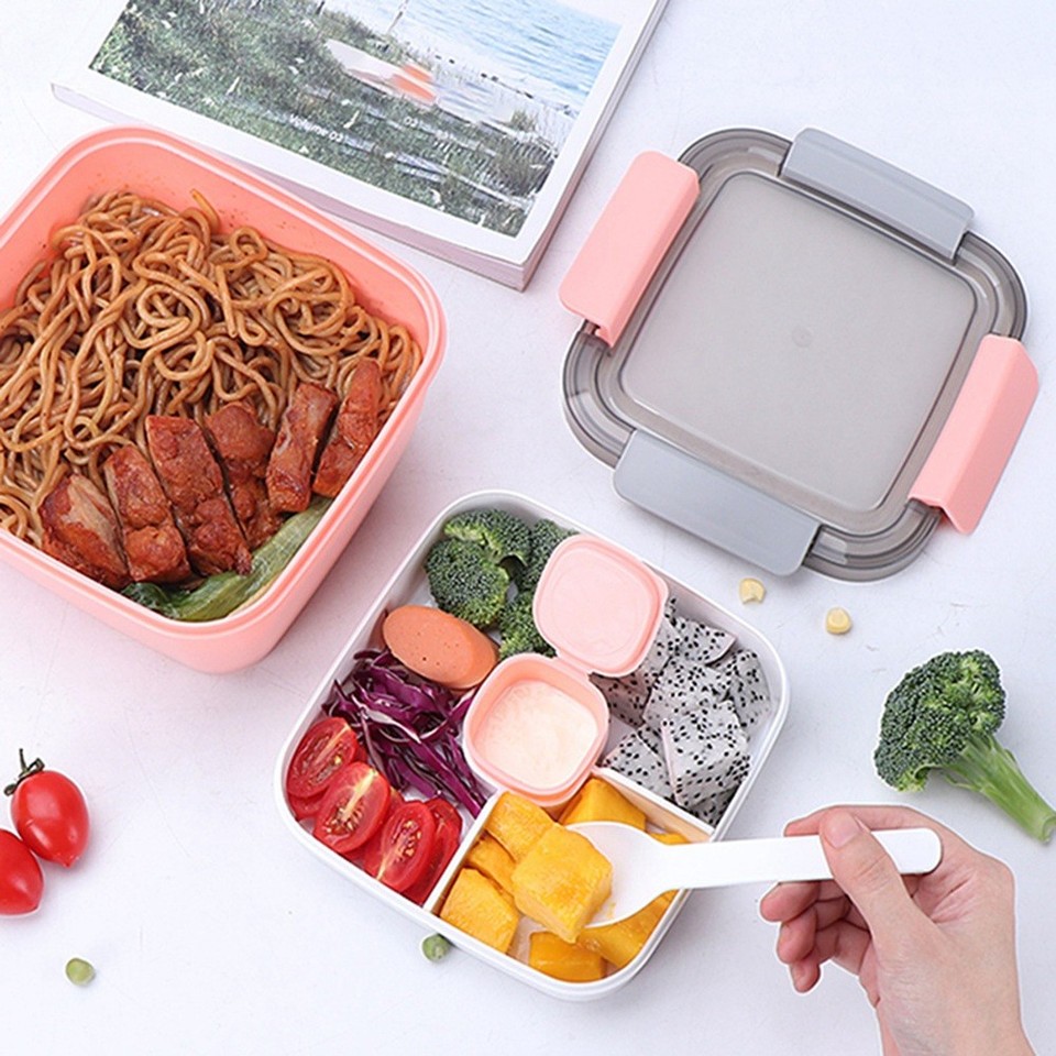 Plastic Lunch Box Lunch Box with Fork Sauce Box, Microwaveable Picnic ...
