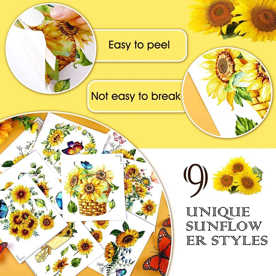 9 Sheets Sunflower Rub On Transfer Decals Rustic Sunflower Rub On ...