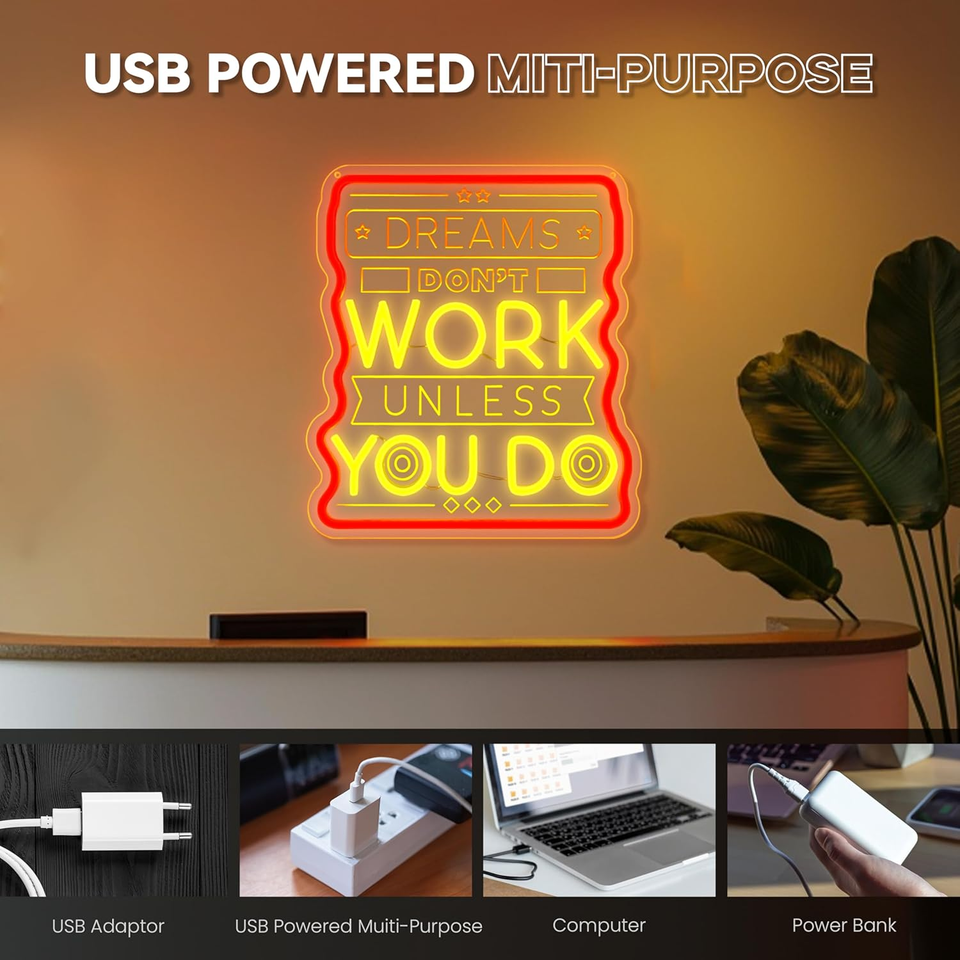 Neon Sign, "DREAMS DON'T WORK UNLESS YOU DO" Neon Signs for Wall Decor ...