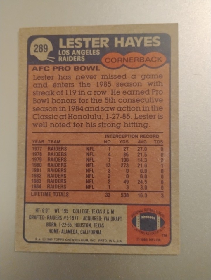 1985 Topps - Lester Hayes #289 | eBay UK