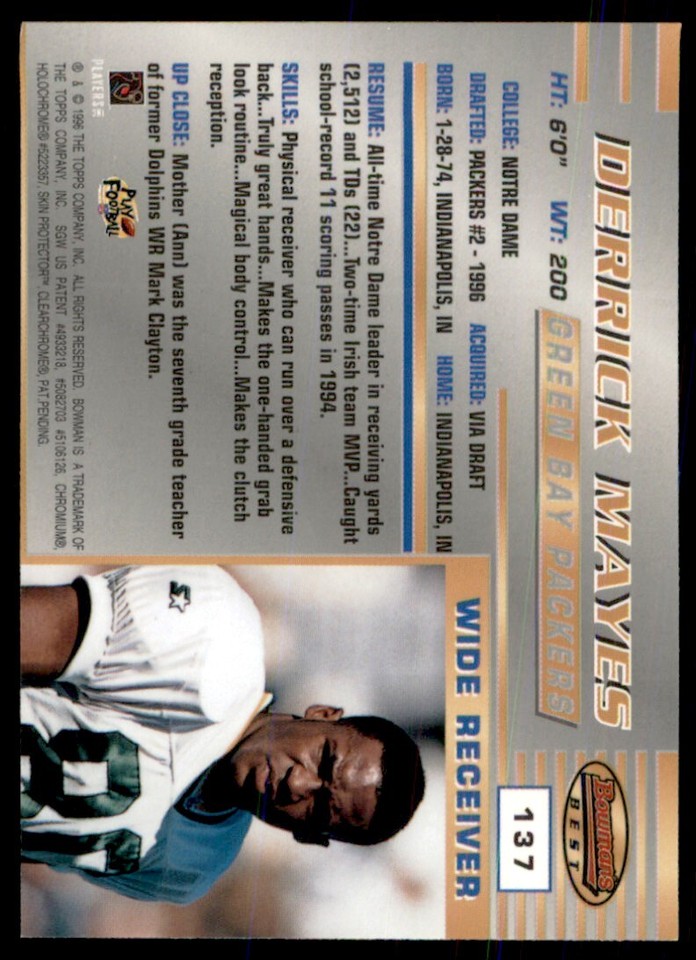 1996 BOWMAN'S BEST DERRICK MAYES RC GREEN BAY PACKERS #137 | eBay