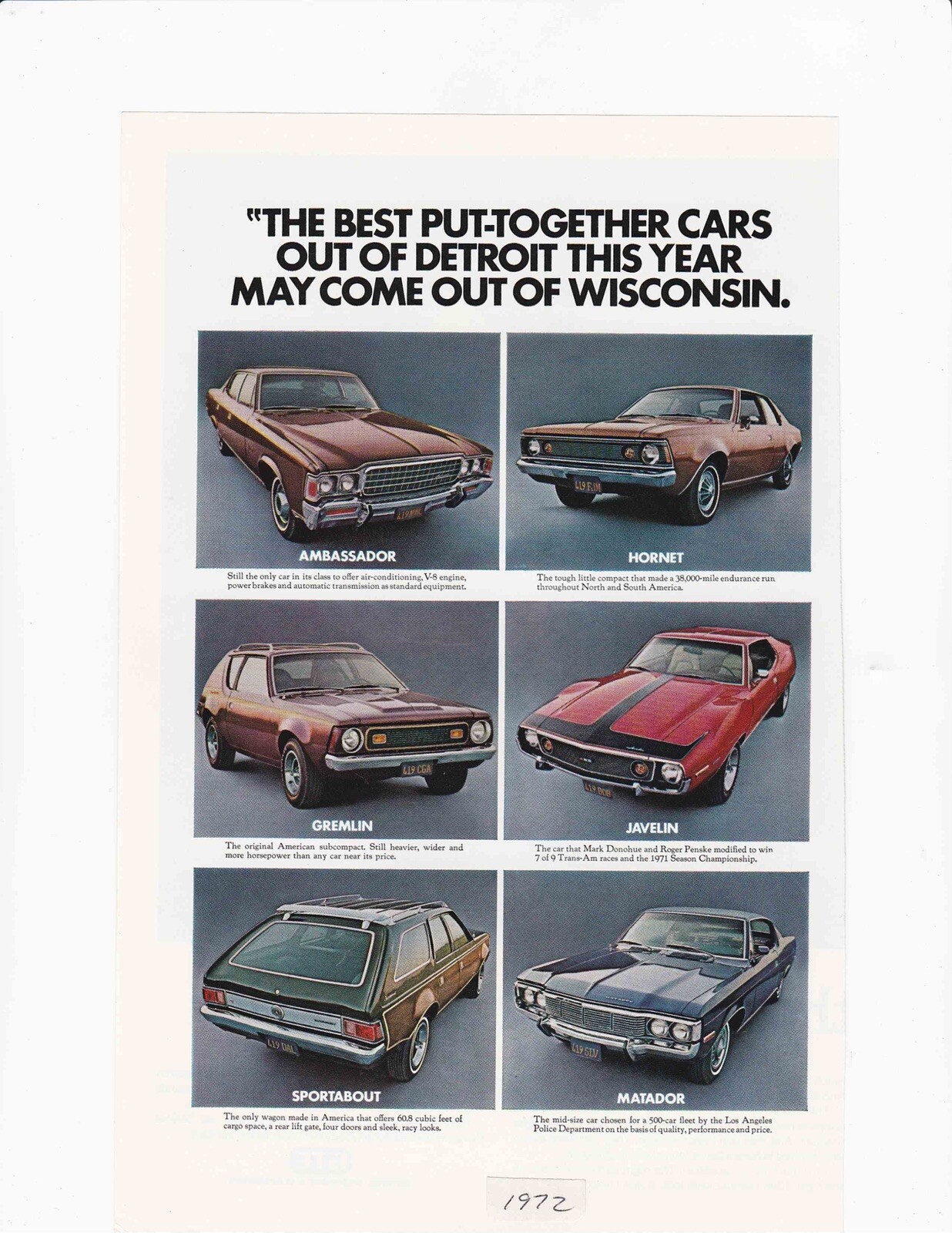 1972 AMC Gremlin, Sportabout 10" x 6.5" Paper Advertisement Print Ad ...