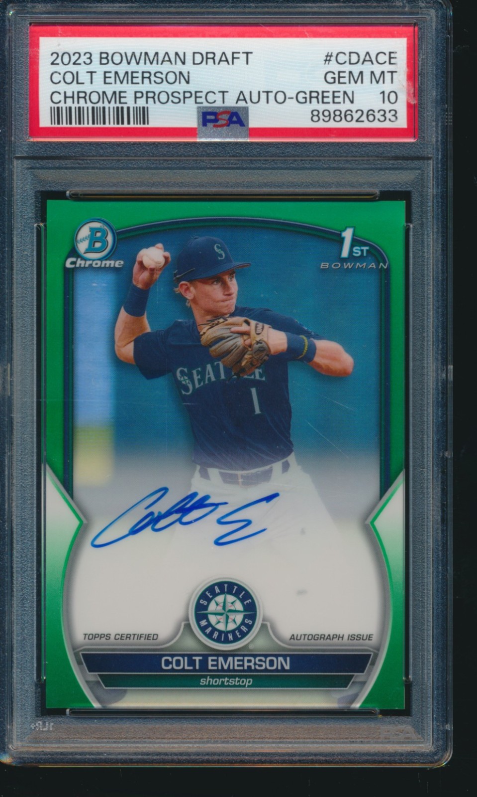 PSA 10 COLT EMERSON AUTO 1st 2023 Bowman Chrome GREEN REFRACTOR/99 RC ...