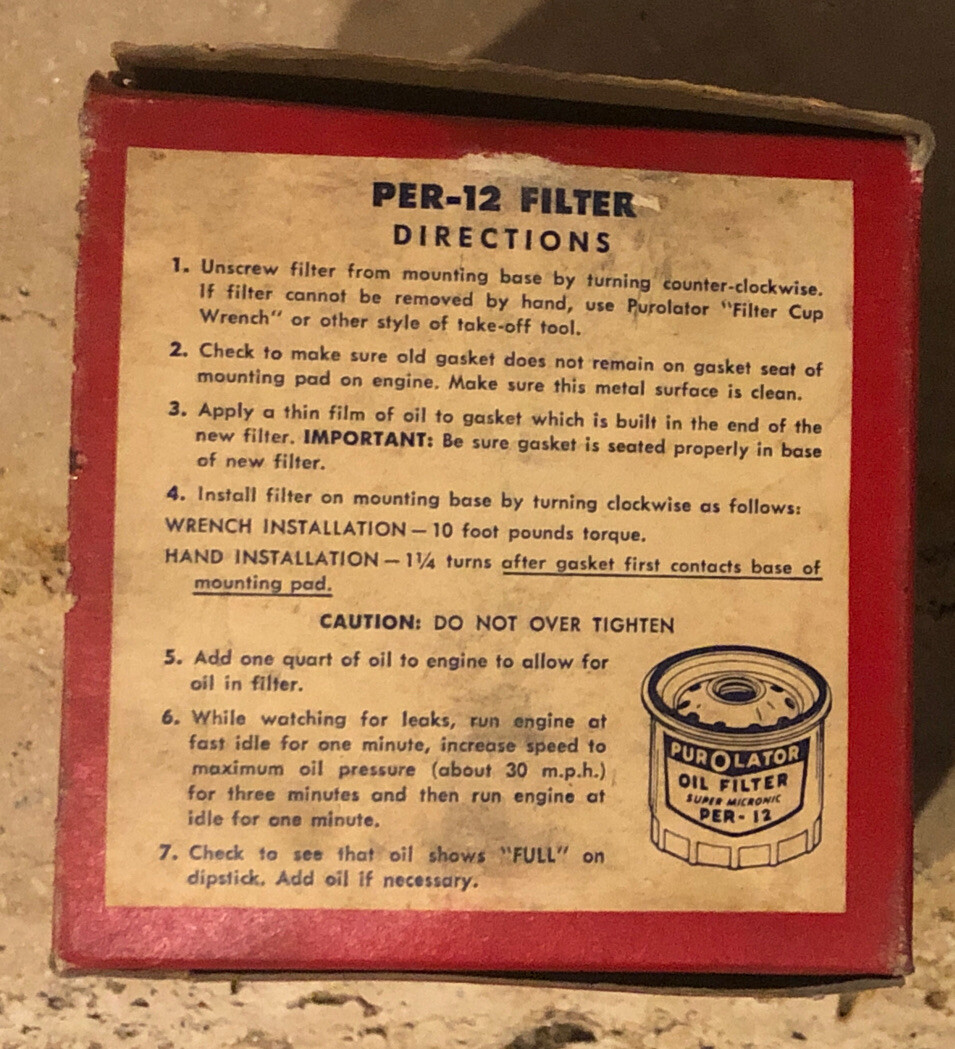 Purolator PER-12 Oil Filter 1960s New Old Stock - Chevy 1962 4 cyl. 153 ...