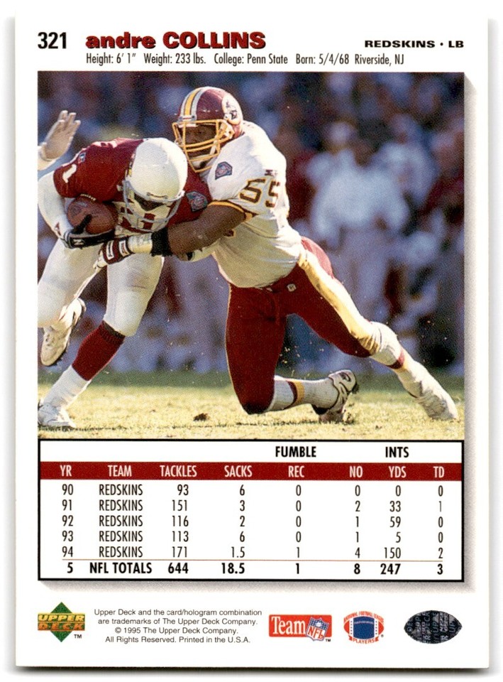 1995 Upper Deck Collector's Choice Andre Collins washington redskins ...