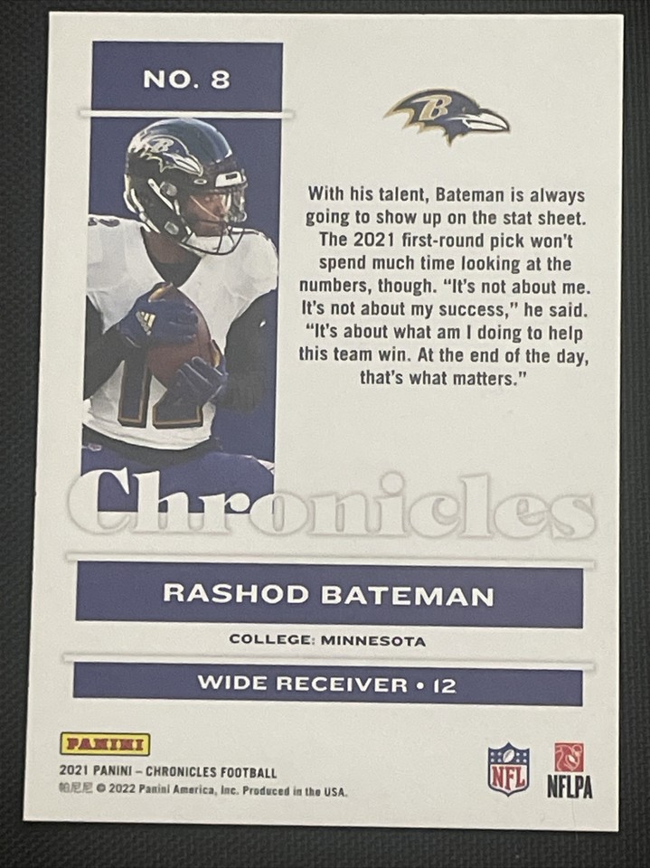 Rashod Bateman (RC) 2021 Panini Chronicles Baltimore Ravens Rookie Card ...
