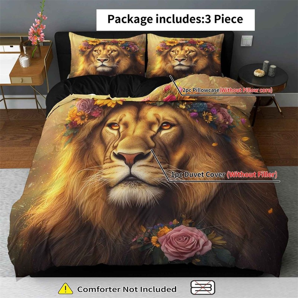Flower Crown Lion Soft Duvet Quilt Cover Set Single Double King Super ...