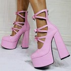Women Platform Pumps Straps Round Toe Back Zip Up Block High Heels ...