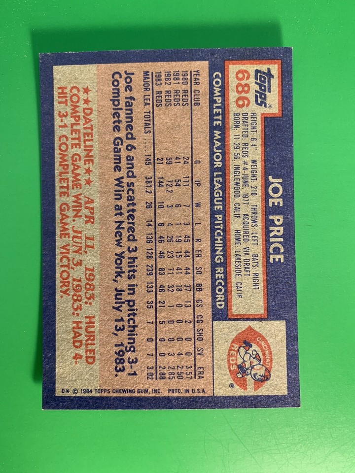 1984 Topps Joe Price #686 Cincinnati Reds | eBay