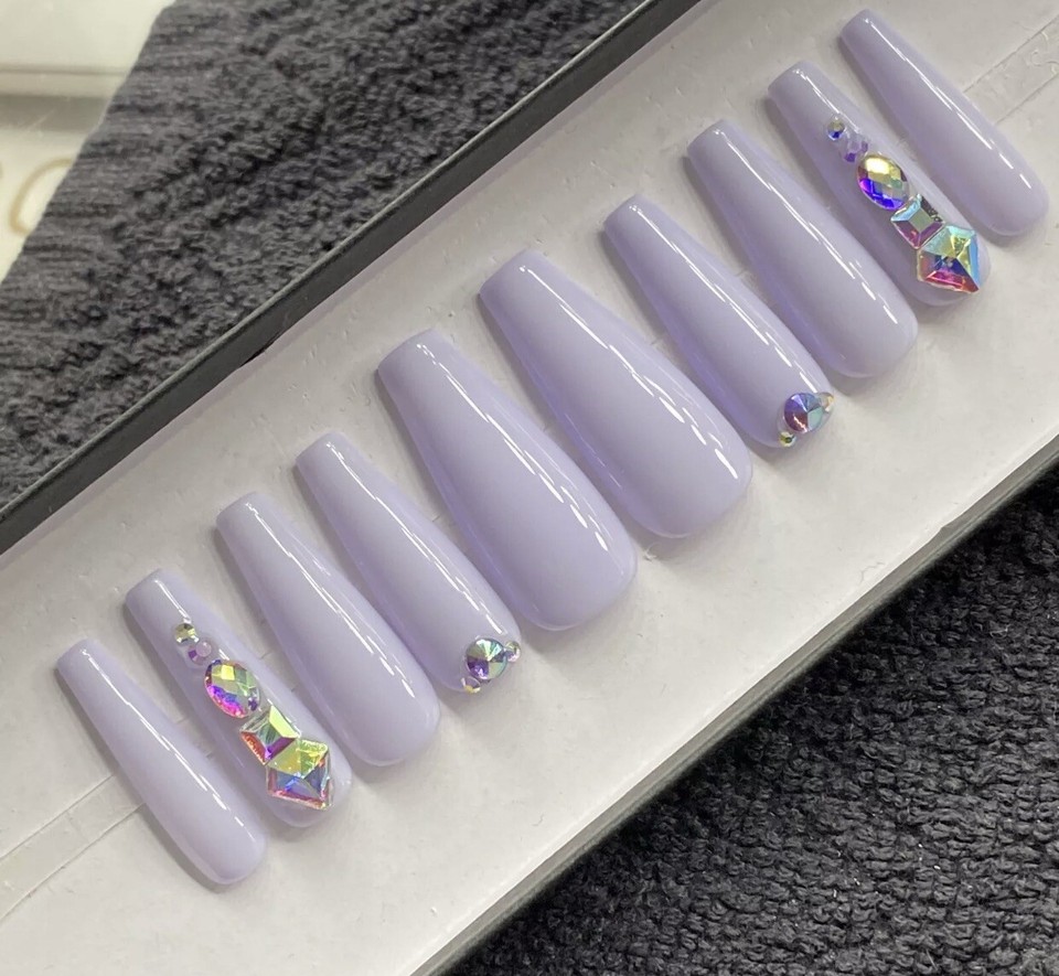 🔥CUSTOM Gel Press On False Nails, Purple w/ BLING 10 set, w/ FULL KIT ...