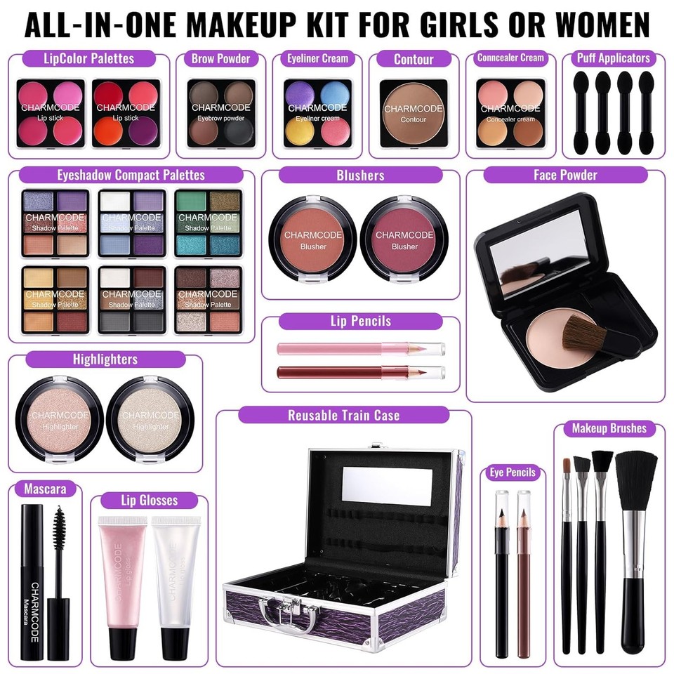 Makeup Kit for Teen Girls & Women Full Kit, Purple Train Case with | eBay