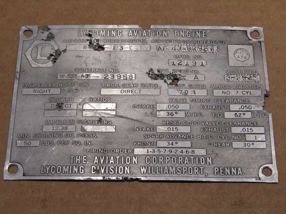 WW2 era Lycoming Aviation Aircraft Engine Data Plate | eBay