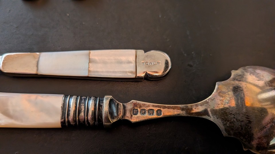 Antique MOP Mother Of Pearl Silverware Spoons Forks Knives Serving Set ...