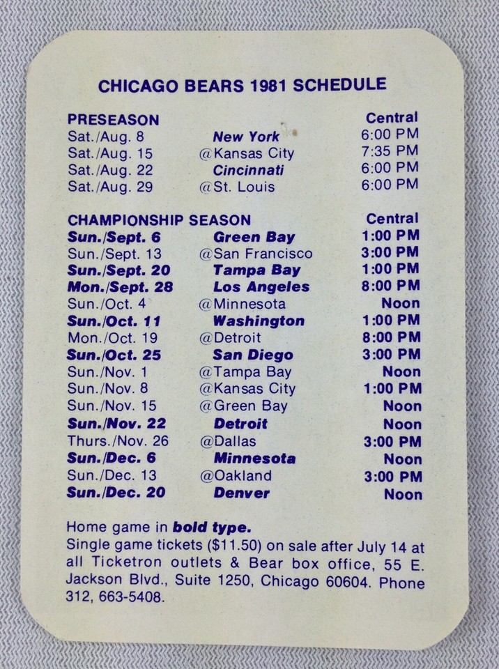 NFL 1981 Chicago Bears Pocket Football Schedule Card | eBay
