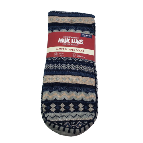 Muk Luks Mens Size L/XL 11-13 Beige Navy Non Slip Cozy Lining Slipper ...