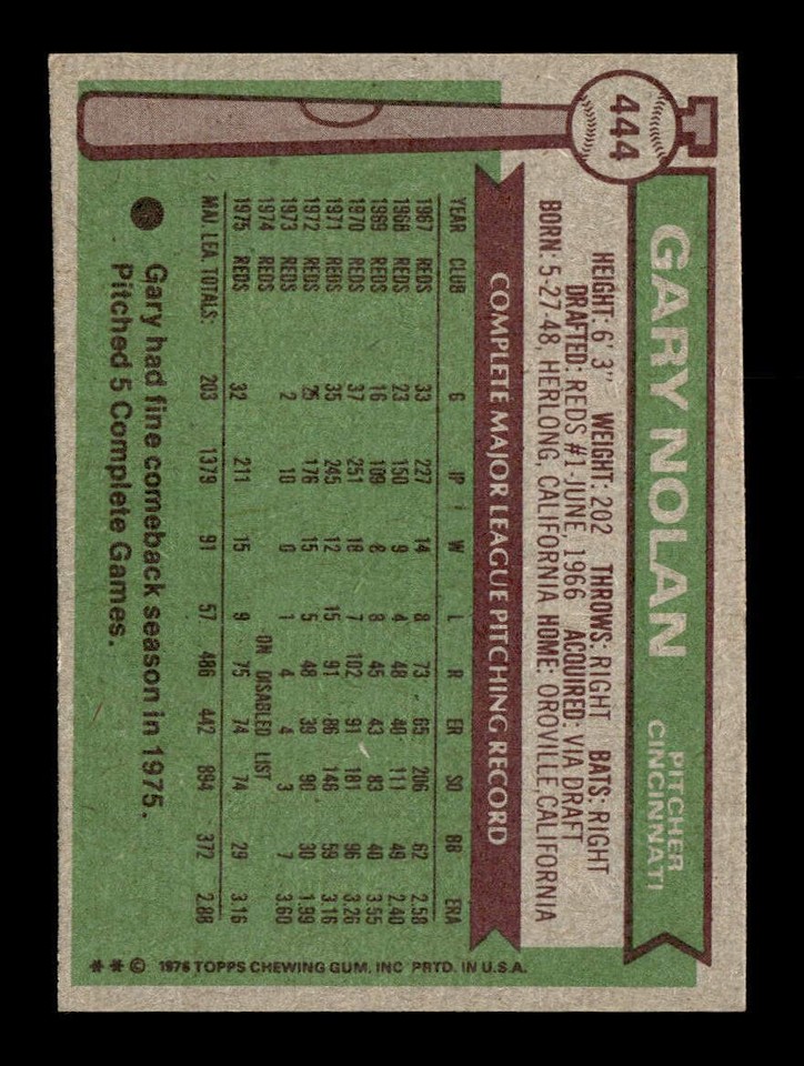 1976 Topps #444 Gary Nolan Cincinnati Reds EX Baseball Card *G618 | eBay