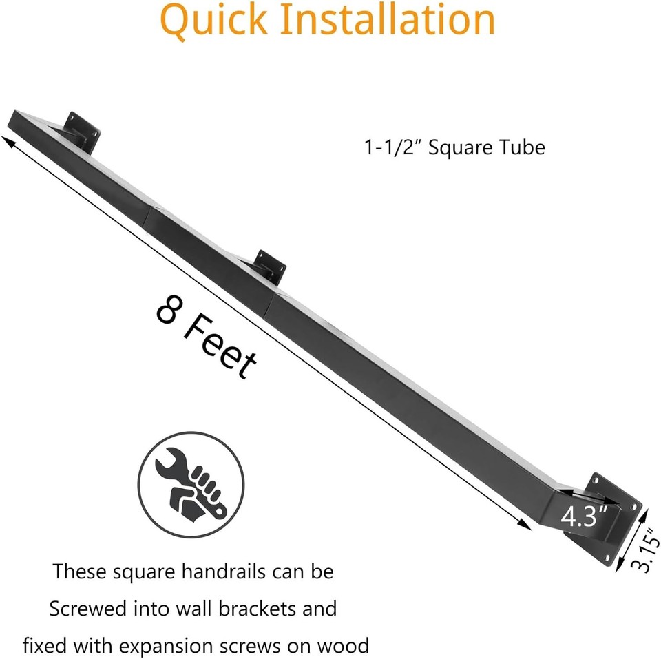 8 Feet Square Tube Handrail, Wall Mount Industrial Modern Staircase ...