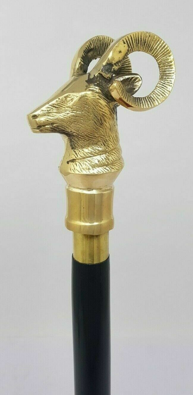Brass Goat Design Head Handle Victorian Black Wooden Walking Stick ...