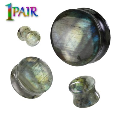 Pair 8g-25mm LABRADORITE STONE PLUGS Double Flare Gauges Tunnels Ear ...