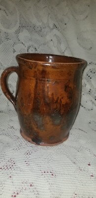 ANTIQUE MANGANESE GLAZED REDWARE HANDLED PITCHER MUG CROCK PA 6” T 4 3/ ...