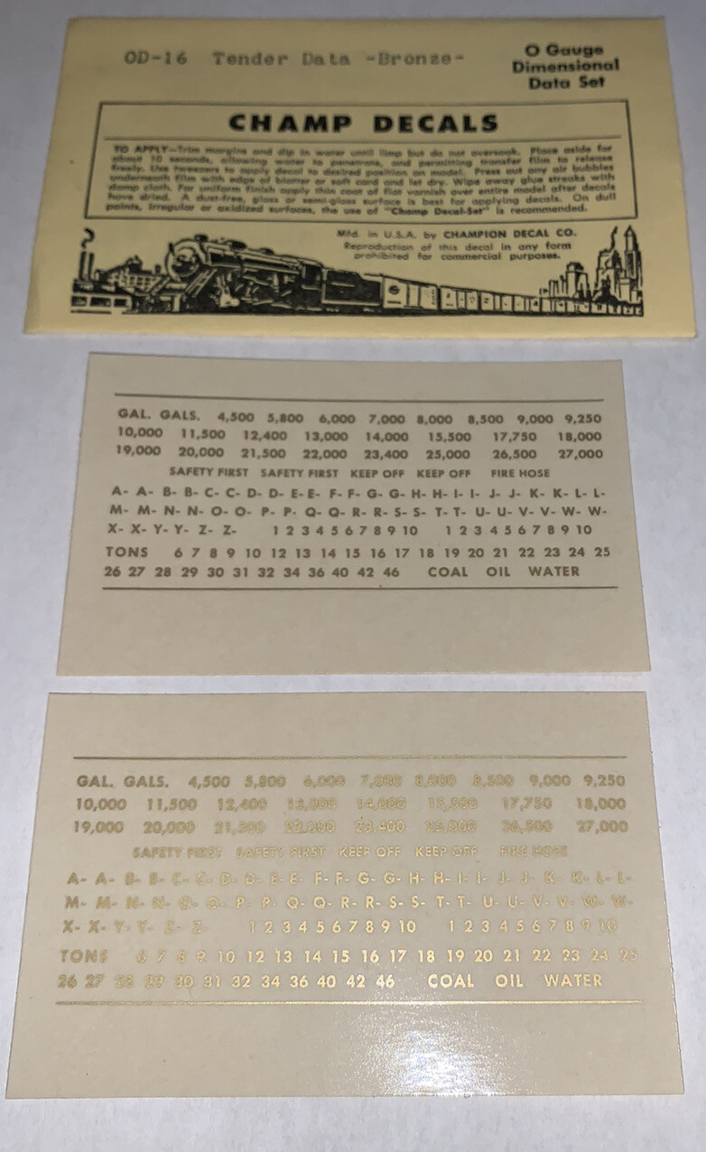 CHAMP O SCALE DECAL - STEAM LOCO TENDER DATA - BRONZE GOLD LETTERING # ...