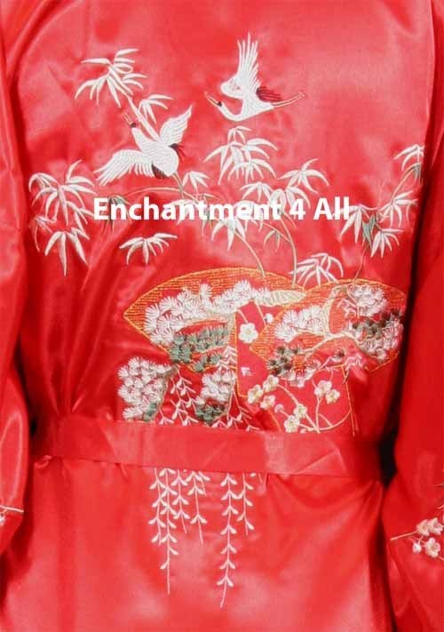 Handmade Embroidered Flying Crane Silk Satin Long Kimono Robe w/ Waist ...