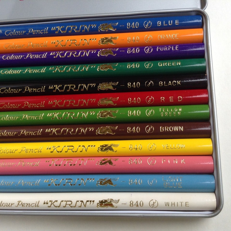 rare set of 12 Kirin assorted color coloured pencils new in metal box ...